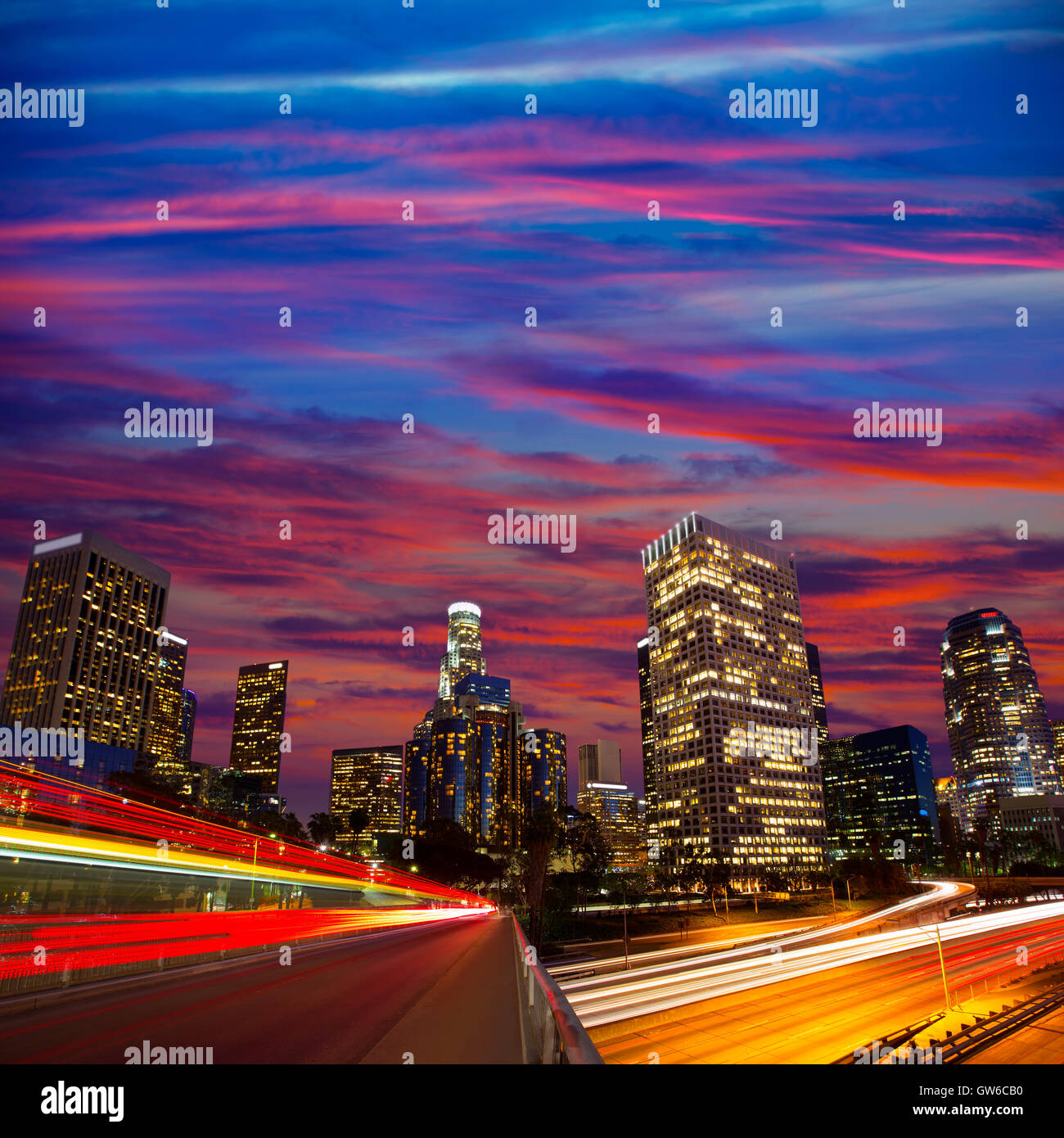Downtown LA night Los Angeles sunset skyline California Stock Photo - Alamy