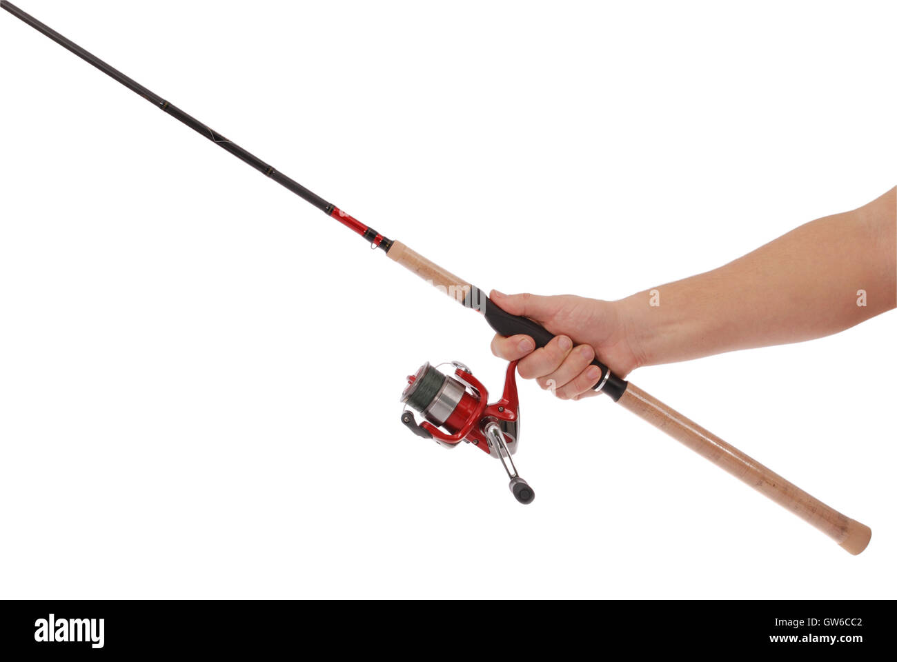 Hand holding fishing tackle isolated on white Stock Photo - Alamy