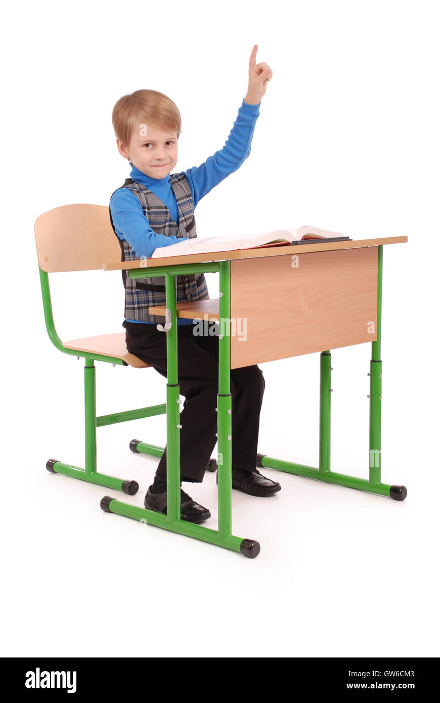 Boy raising hand to ask question isolated on white Stock Photo - Alamy