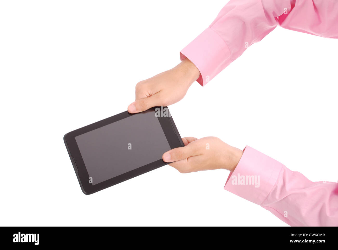 Man holding both hands tablet PC isolated on white Stock Photo - Alamy