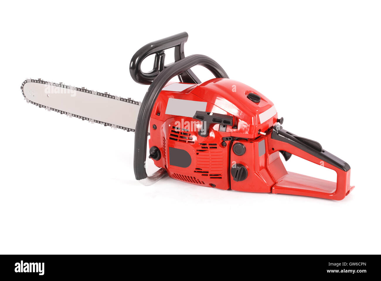 Red professional chainsaw isolated on white background Stock Photo - Alamy