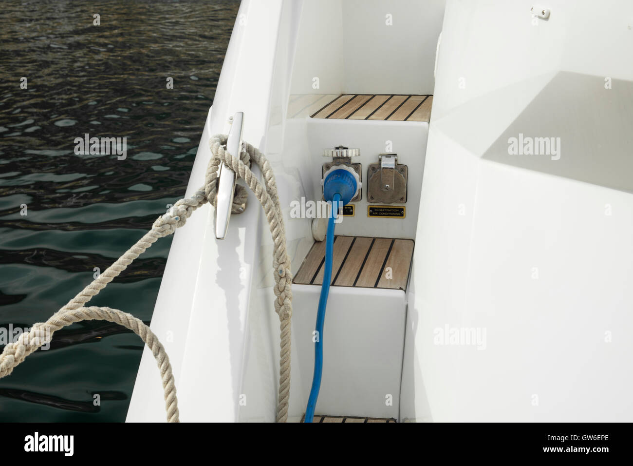 Detail of electric cable plugged in the boat from an auxiliary ...
