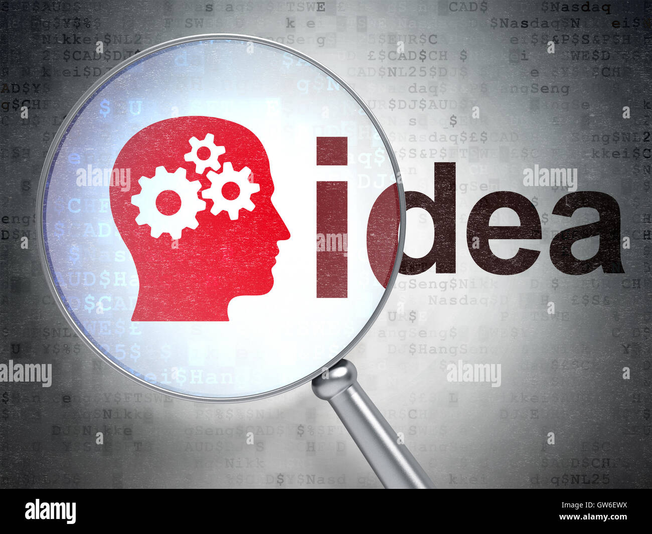 Advertising concept: Head With Gears and Idea with optical glass Stock ...