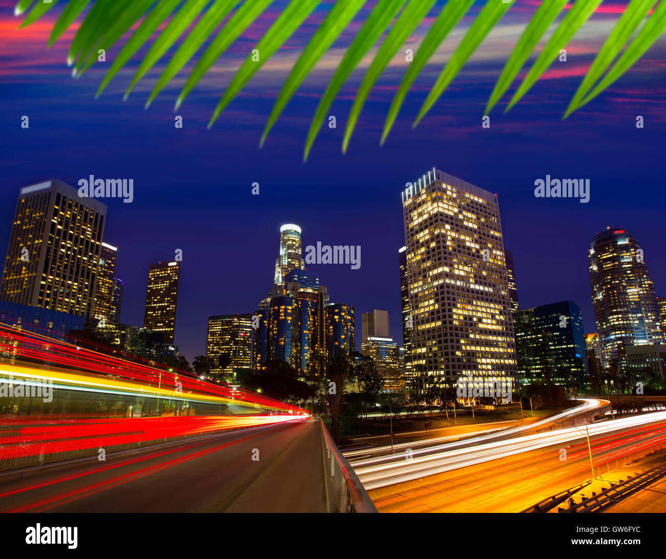 Downtown LA night Los Angeles sunset skyline California Stock Photo - Alamy