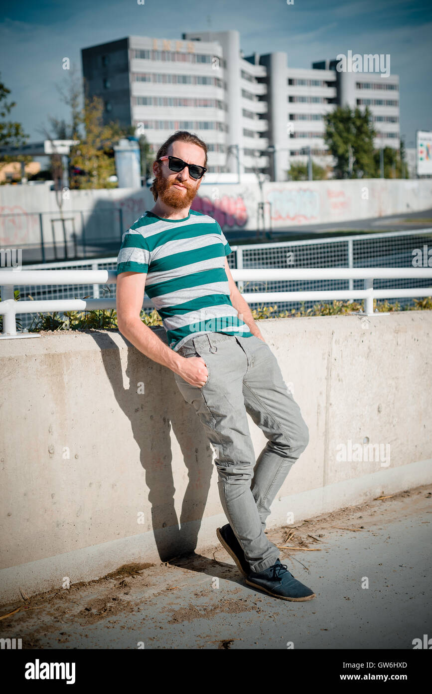 stylish hipster model with long red hair and beard lifestyle Stock ...