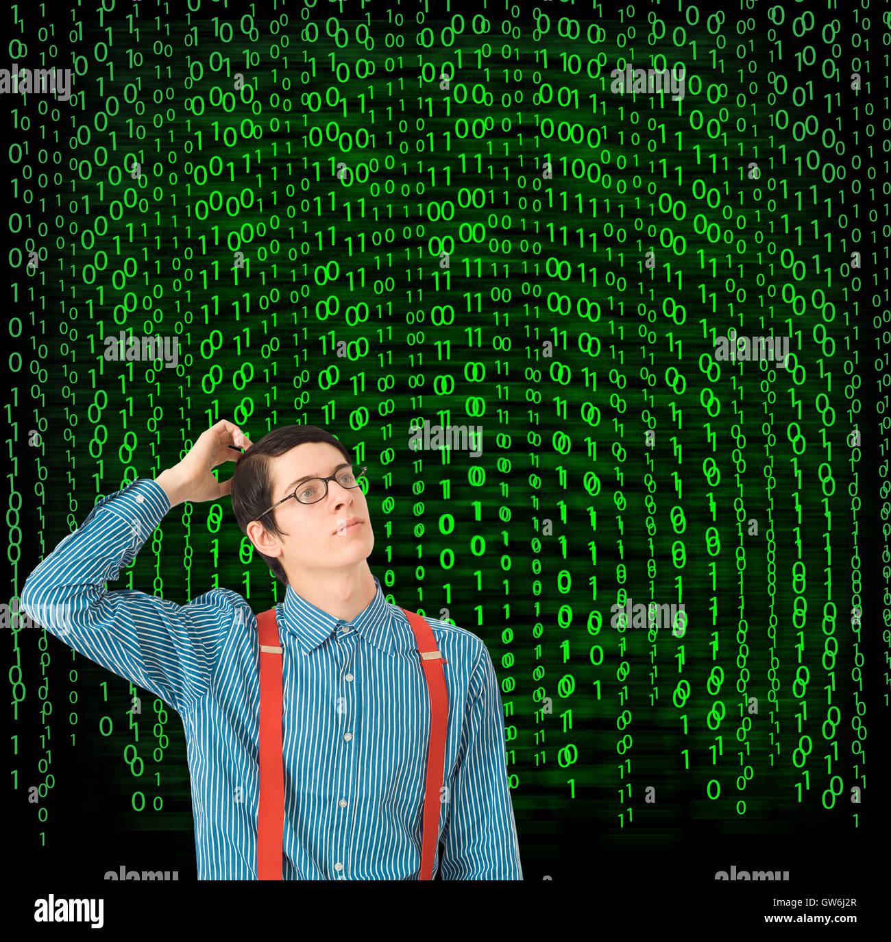 Scratching head Nerd with binary on background Stock Photo - Alamy