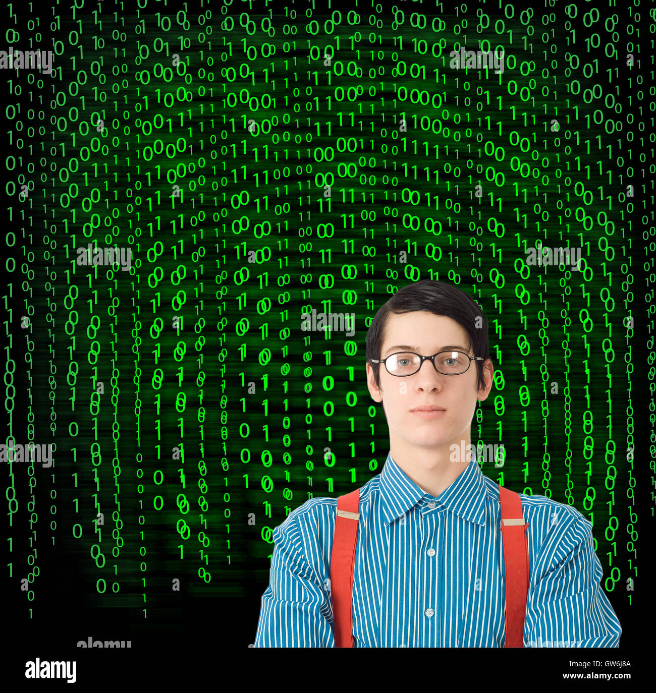 Nerd geek businessman student teacher with binary on background Stock ...