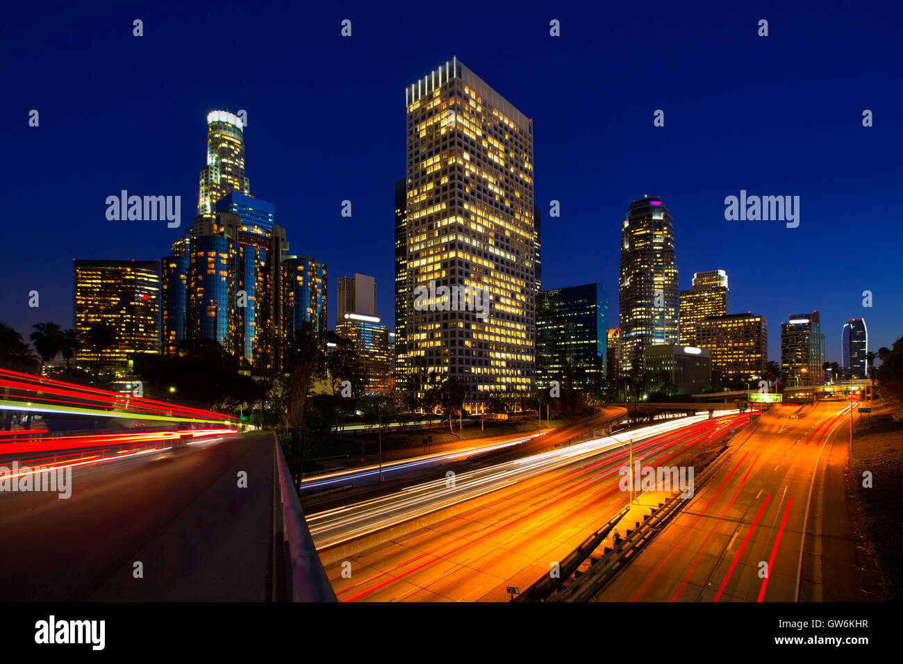 Downtown LA night Los Angeles sunset skyline California Stock Photo - Alamy