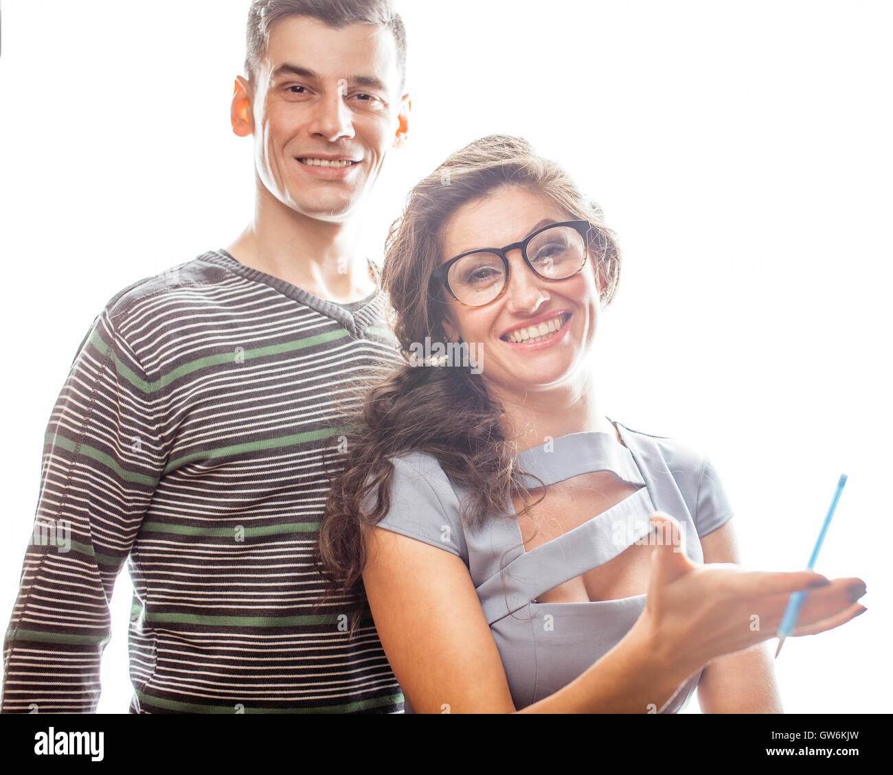 love affair at work, young pretty couple, man and woman together ...