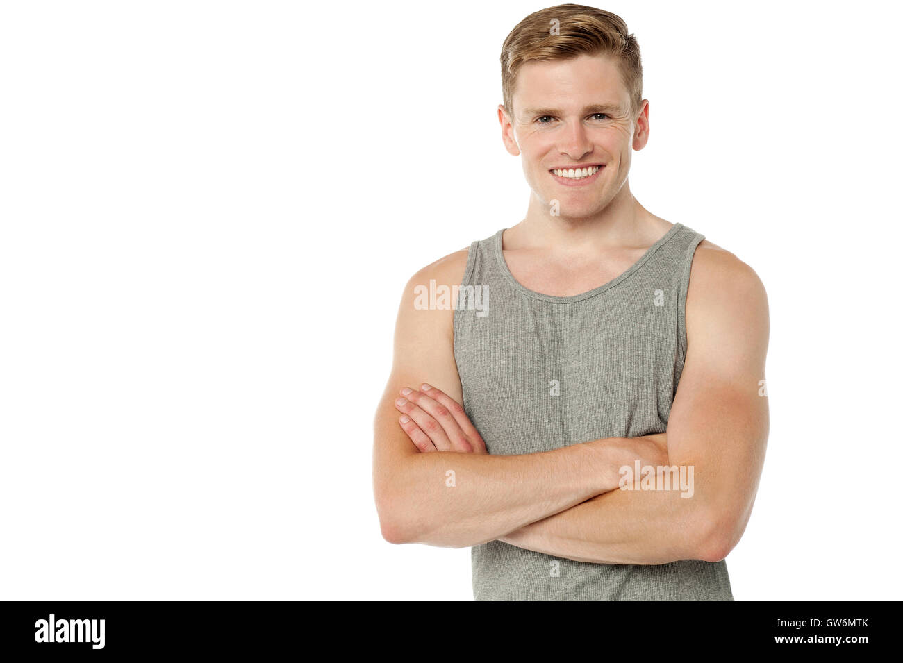 Happy smart guy over white background Stock Photo - Alamy