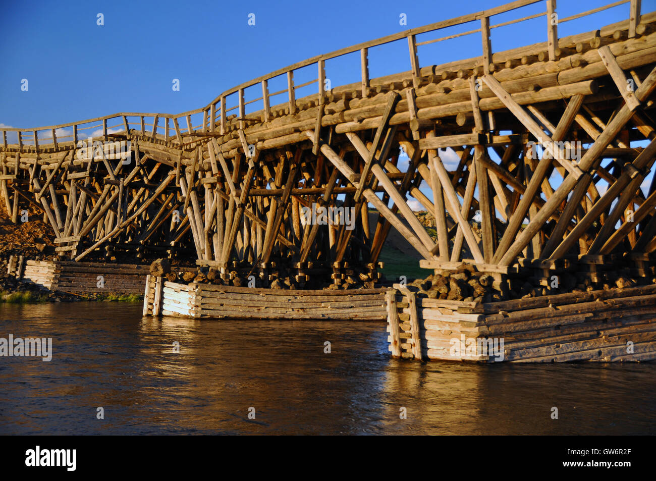 Wooden bridge over the Chuluut River, Mongolia Stock Photo - Alamy