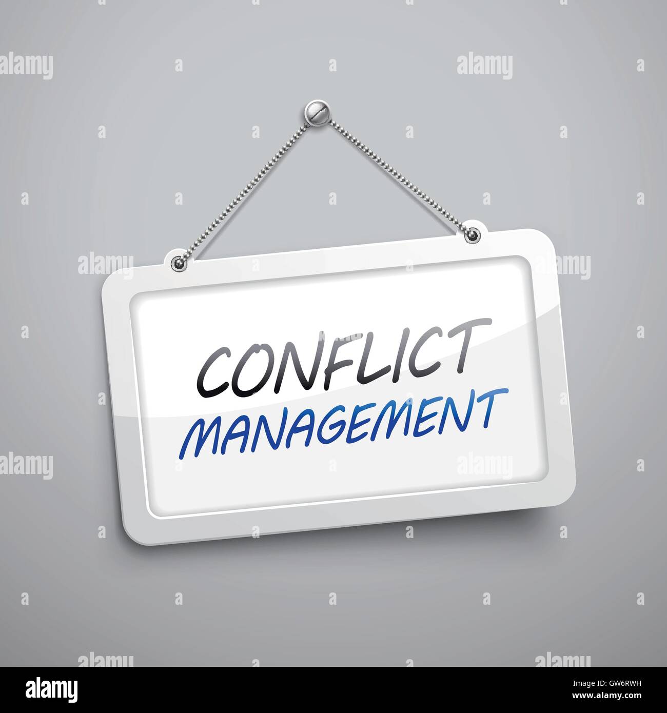 conflict management hanging sign, 3D illustration isolated on grey wall ...