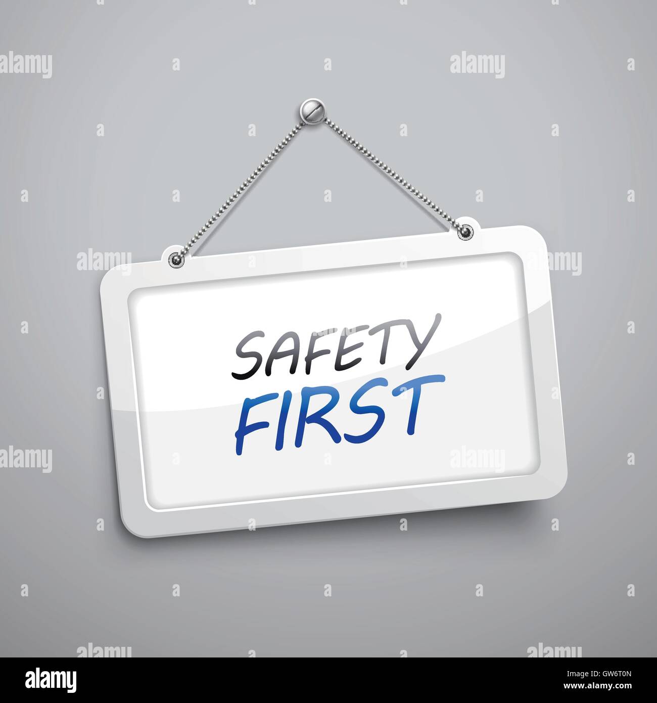 safety first hanging sign, 3D illustration isolated on grey wall Stock ...