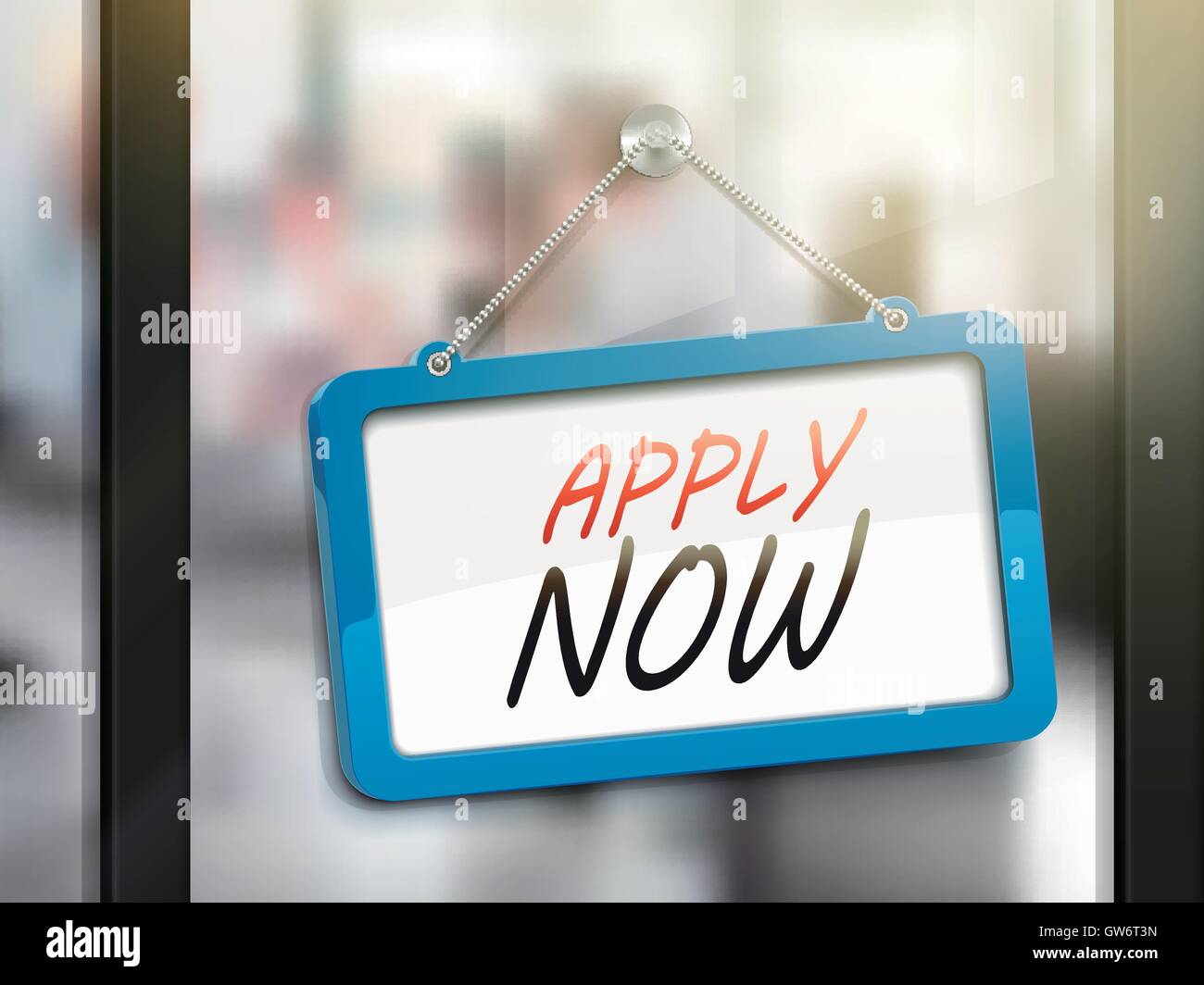 apply now hanging sign, 3D illustration isolated on office glass door ...