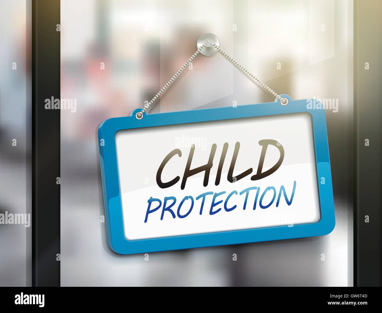 child protection hanging sign, 3D illustration isolated on office glass ...