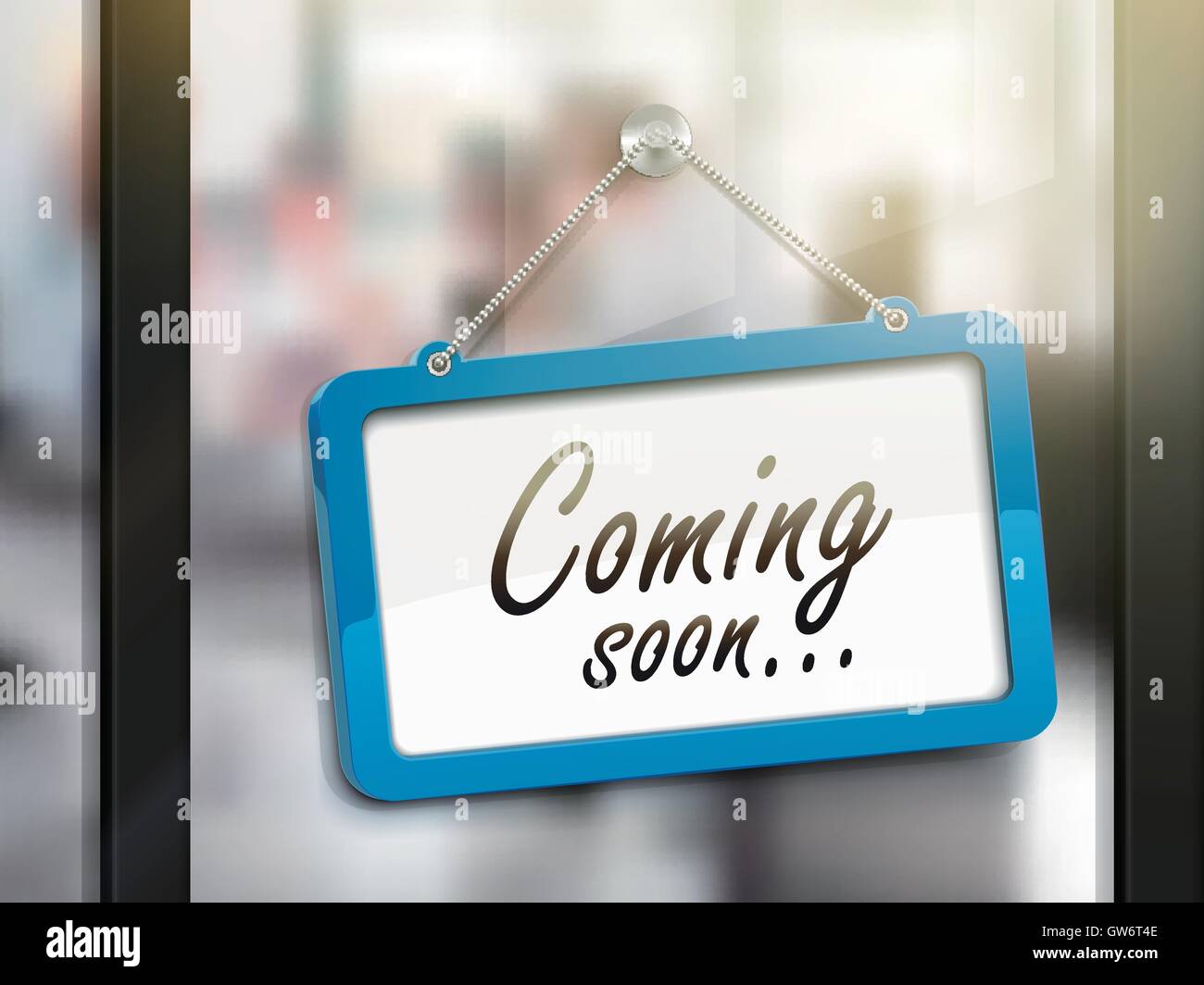 coming soon hanging sign, 3D illustration isolated on office glass door ...