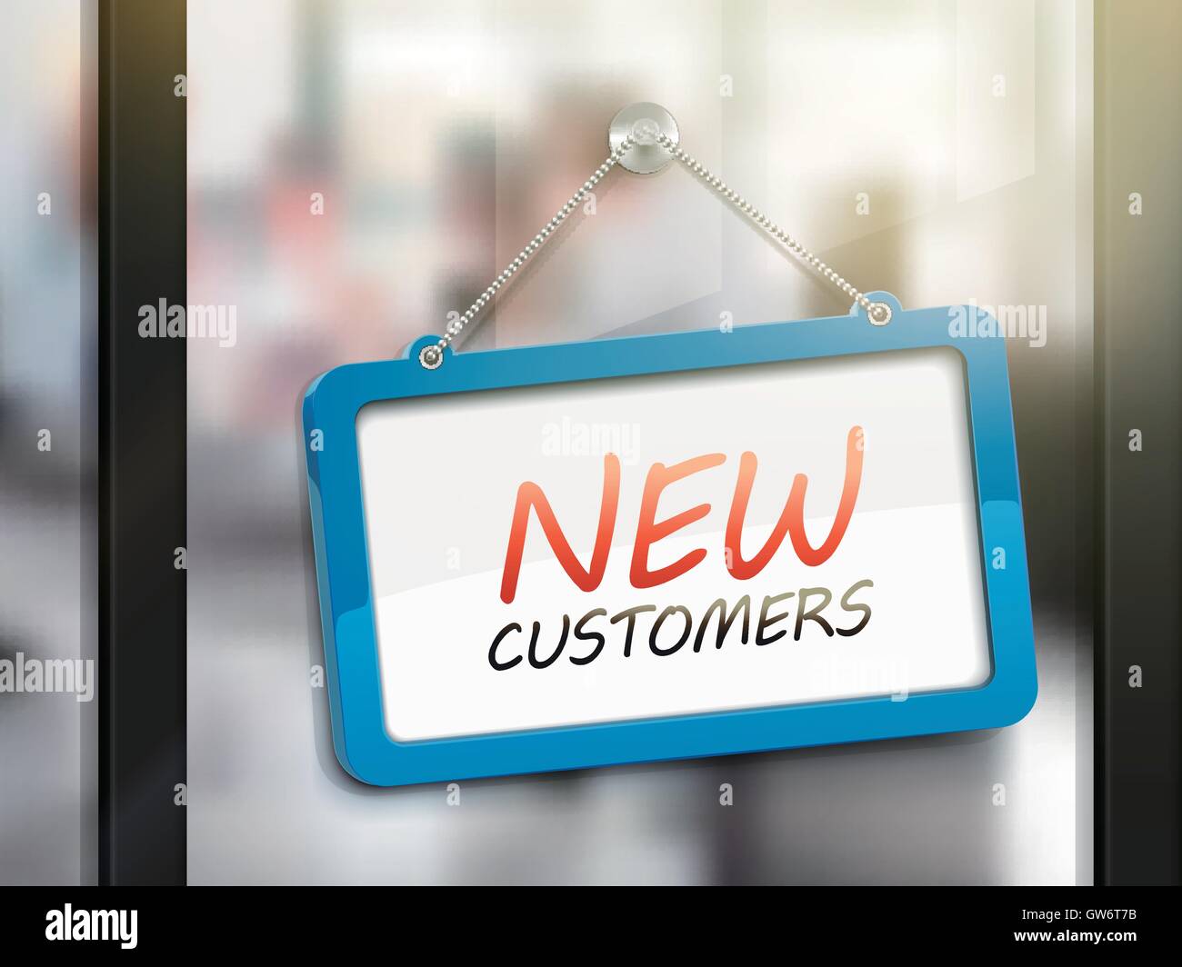 new customers hanging sign, 3D illustration isolated on office glass ...
