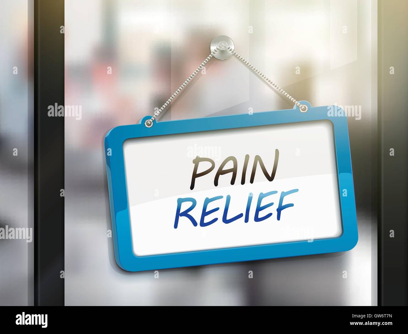 pain relief hanging sign, 3D illustration isolated on office glass door ...