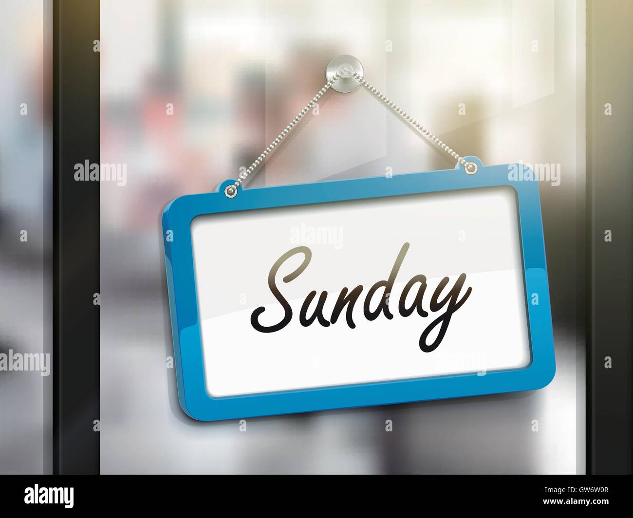 Sunday hanging sign, 3D illustration isolated on office glass door ...