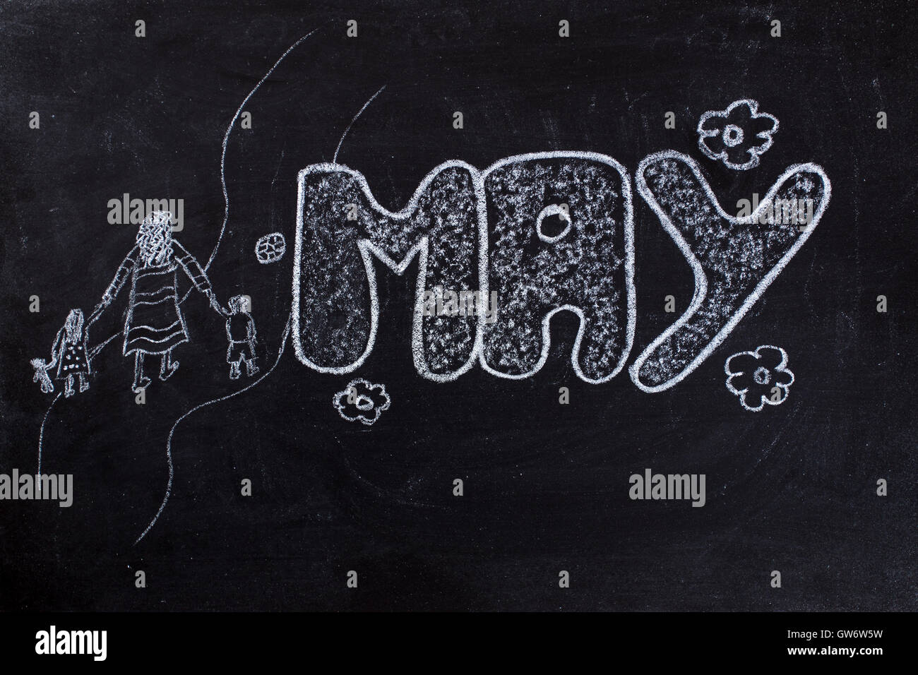 Handwritten May with family on mother day and flowers on black ...