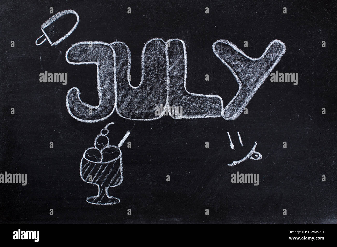Handwritten July with icecreams and smile on black chalkboard Stock ...