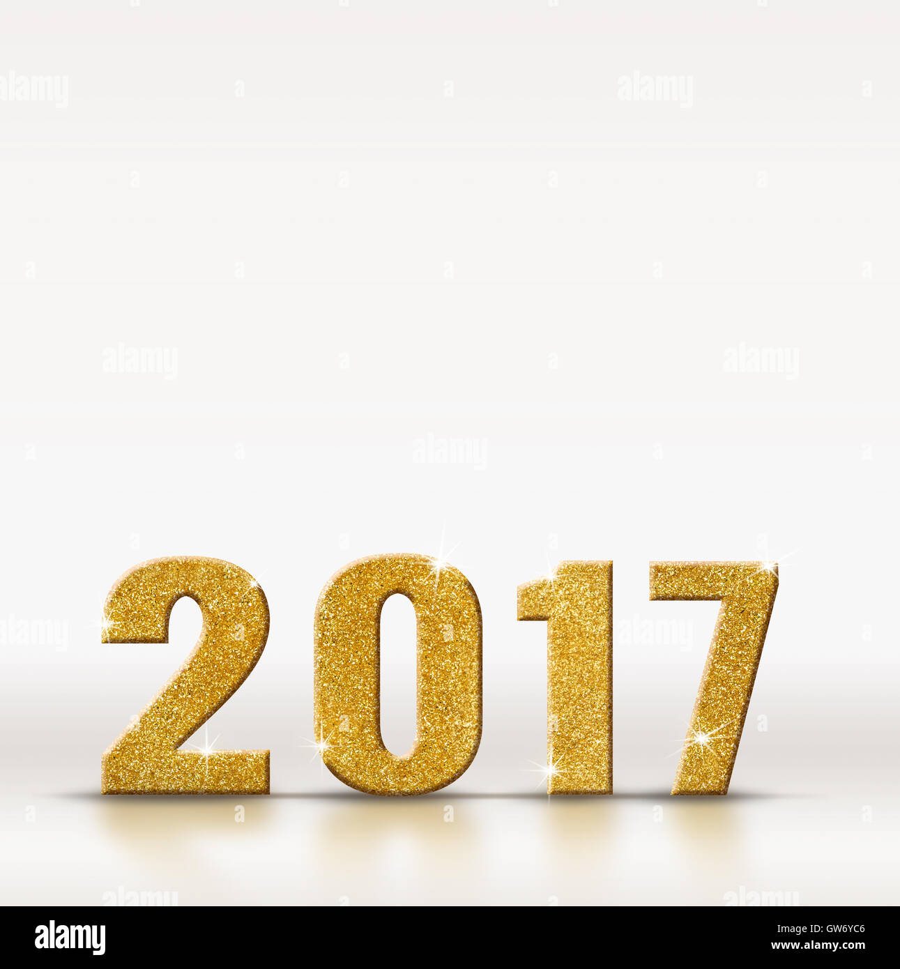 2017 golden sparkling glitter number on white studio room background ...