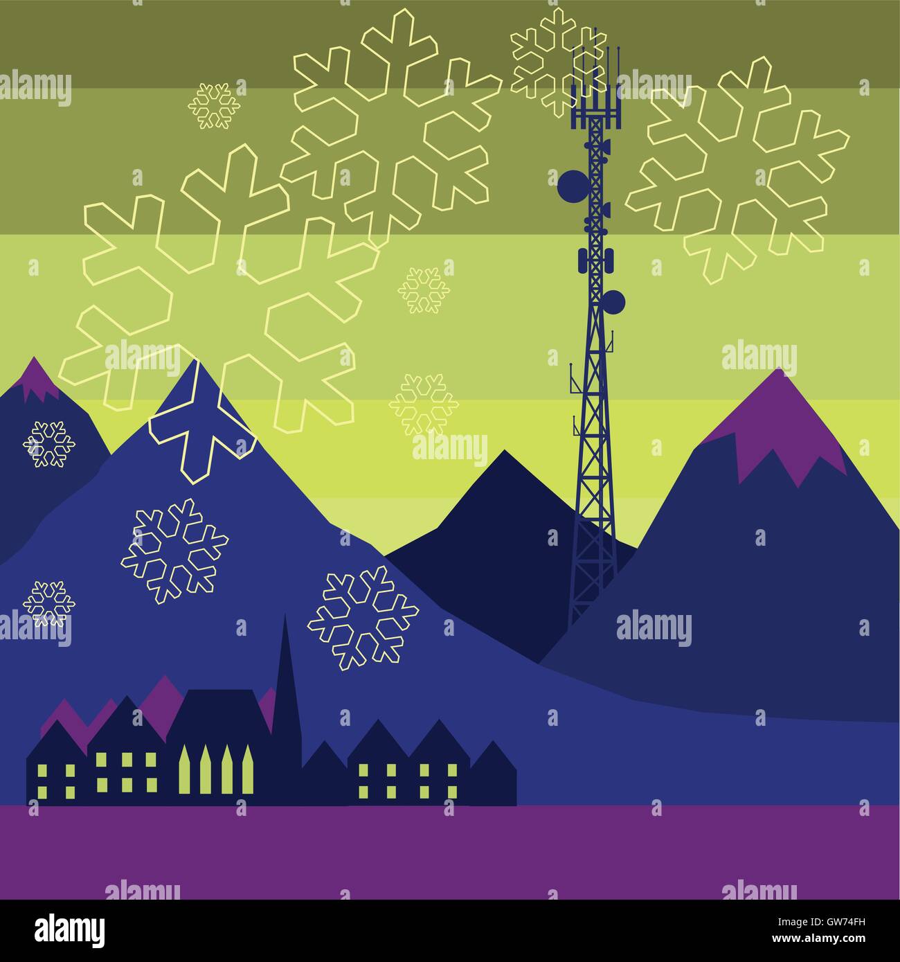 Mobile tower transmits snowflakes into the northern city Stock Vector ...