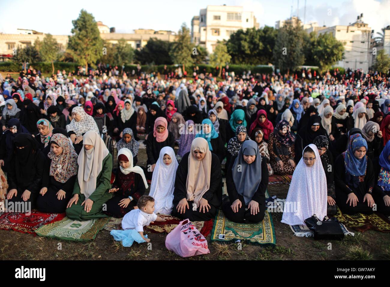 Gaza. 12th Sep, 2016. Palestinian Muslims attend Eid al-Adha prayers in ...