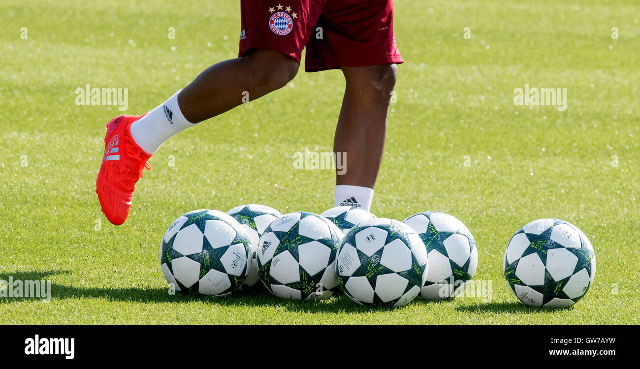 Munich, Germany. 12th Sep, 2016. Soccer balls lie on the field during a ...