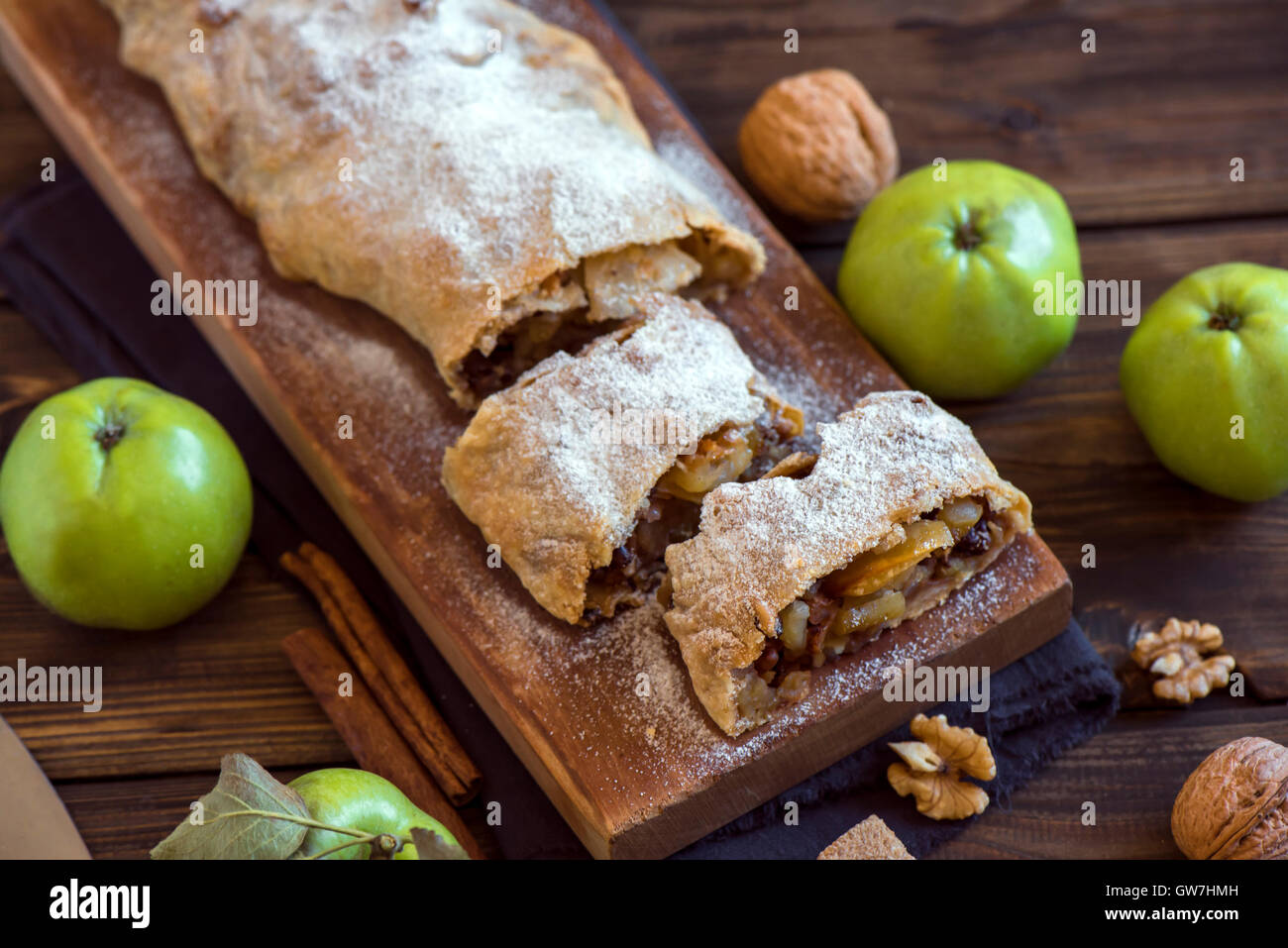 Homemade apple strudel with apples, raisin and walnuts, vegetarian ...