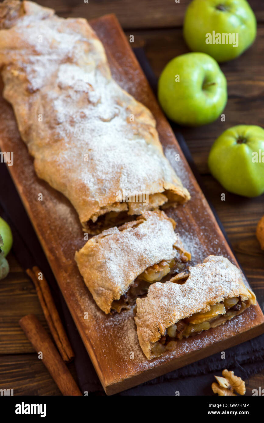 Homemade apple strudel with apples, raisin and walnuts, vegetarian ...