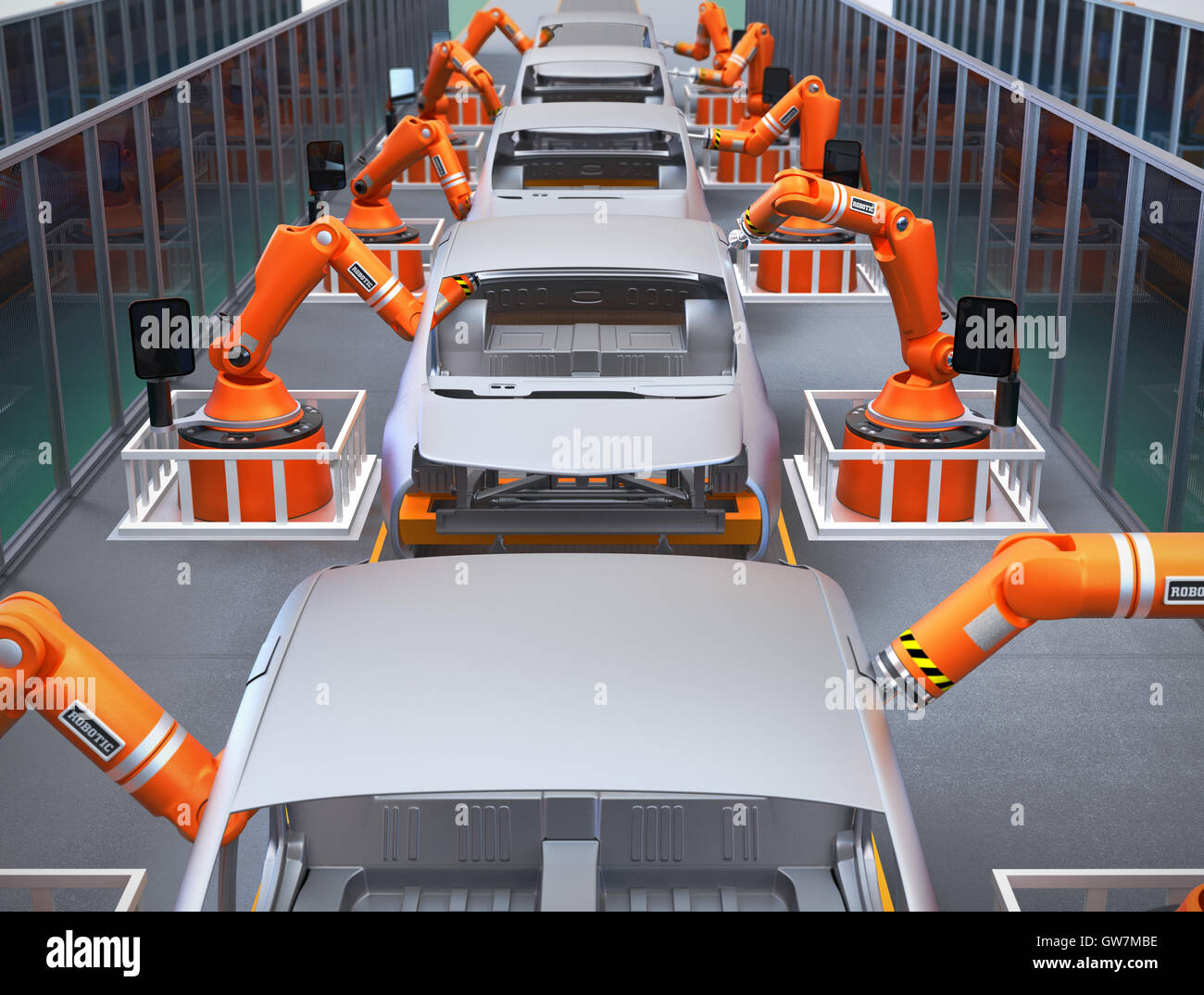 Electric vehicles body assembly line. 3D rendering image Stock Photo ...