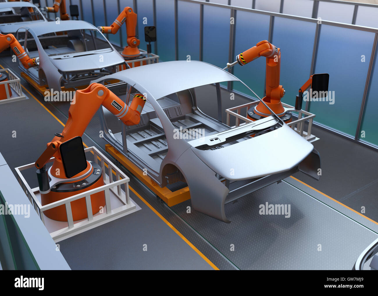 Electric vehicles body assembly line. 3D rendering image Stock Photo ...
