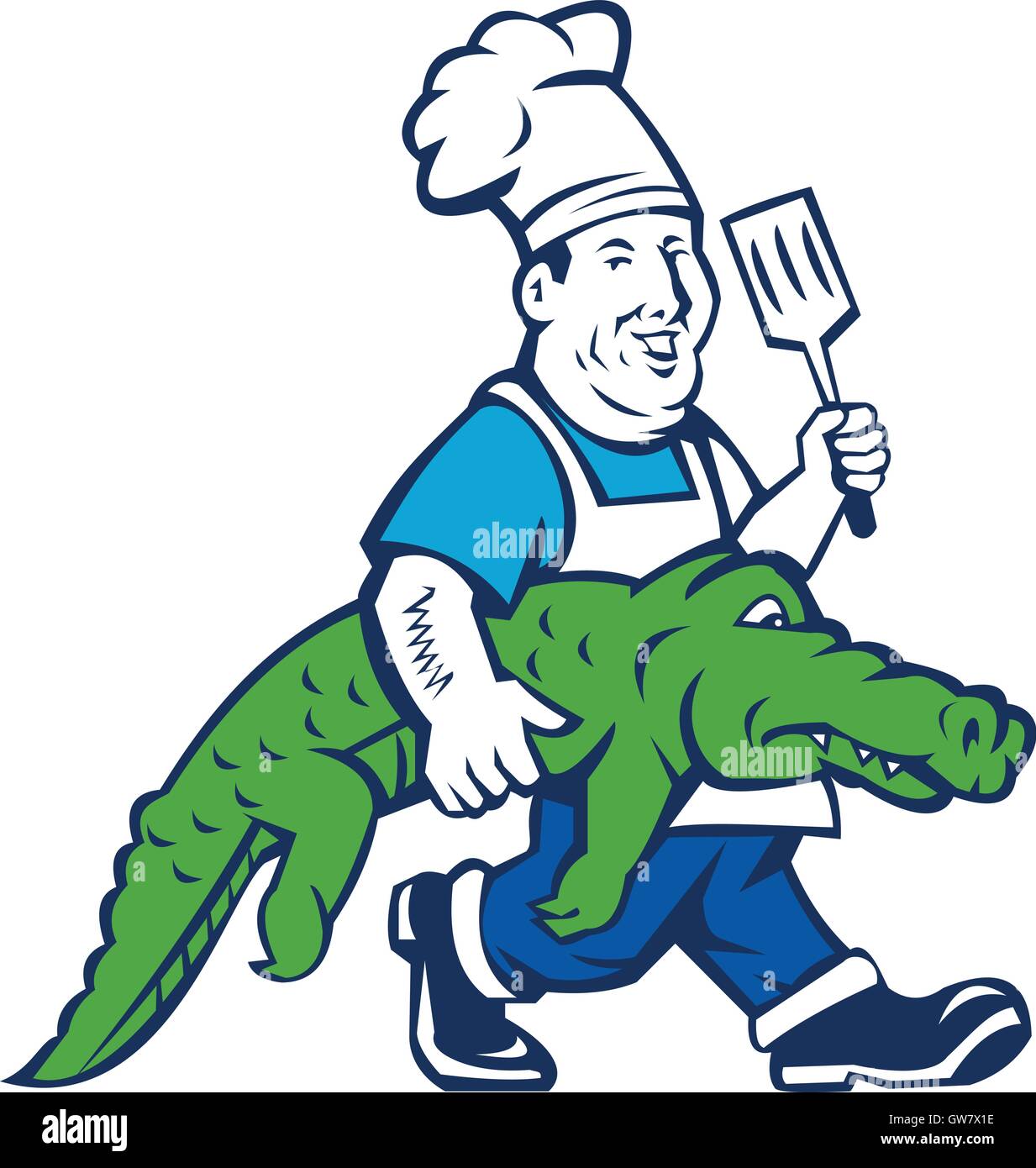 Illustration of a chef smiling carrying alligator in one hand and ...