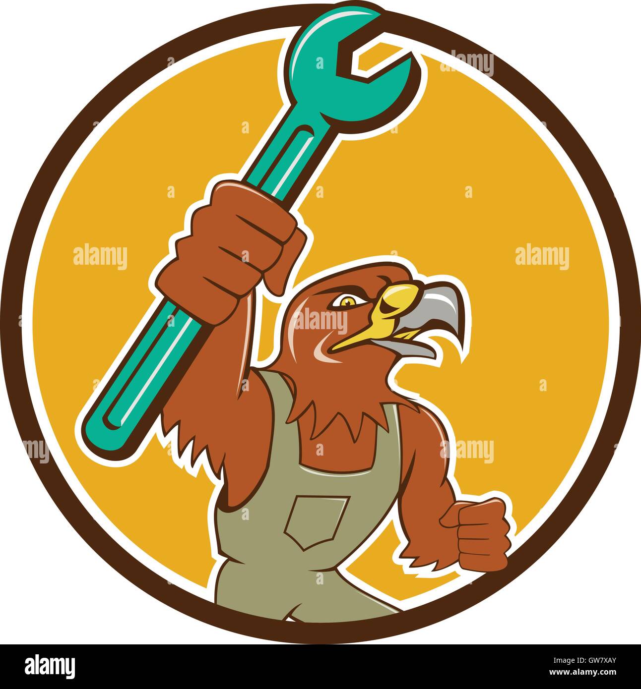 Illustration of a hawk mechanic raising up pipe spanner set inside ...