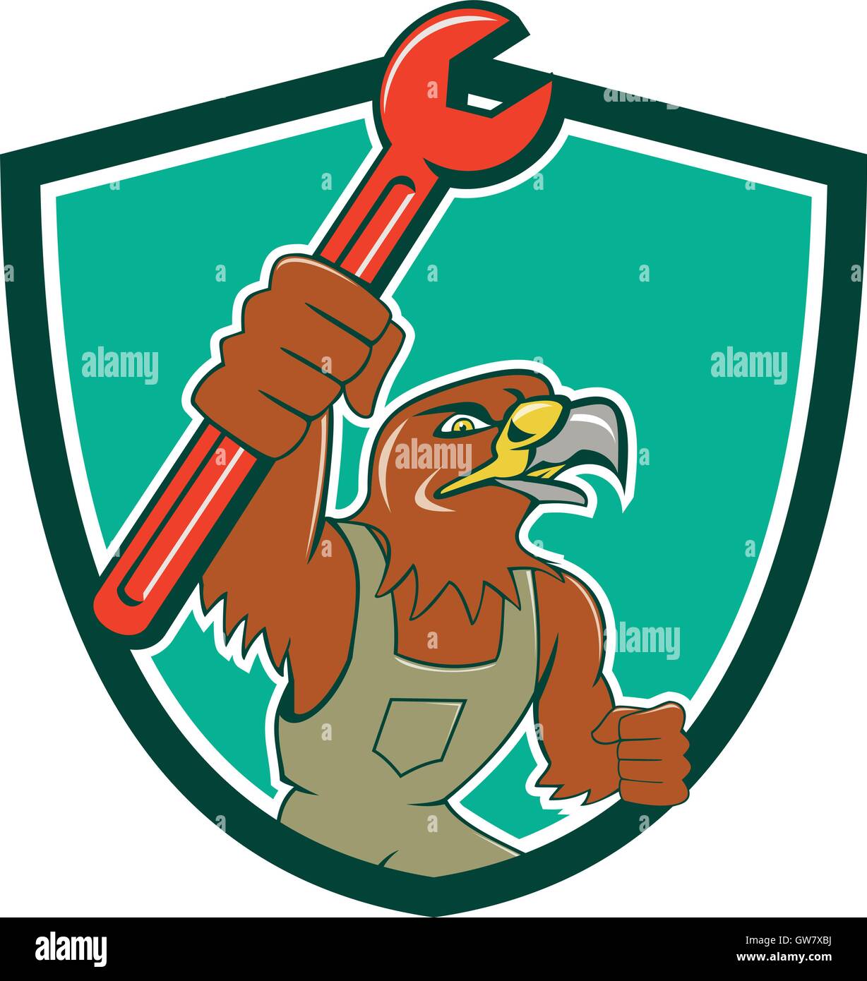 Illustration of a hawk mechanic raising up pipe spanner set inside ...