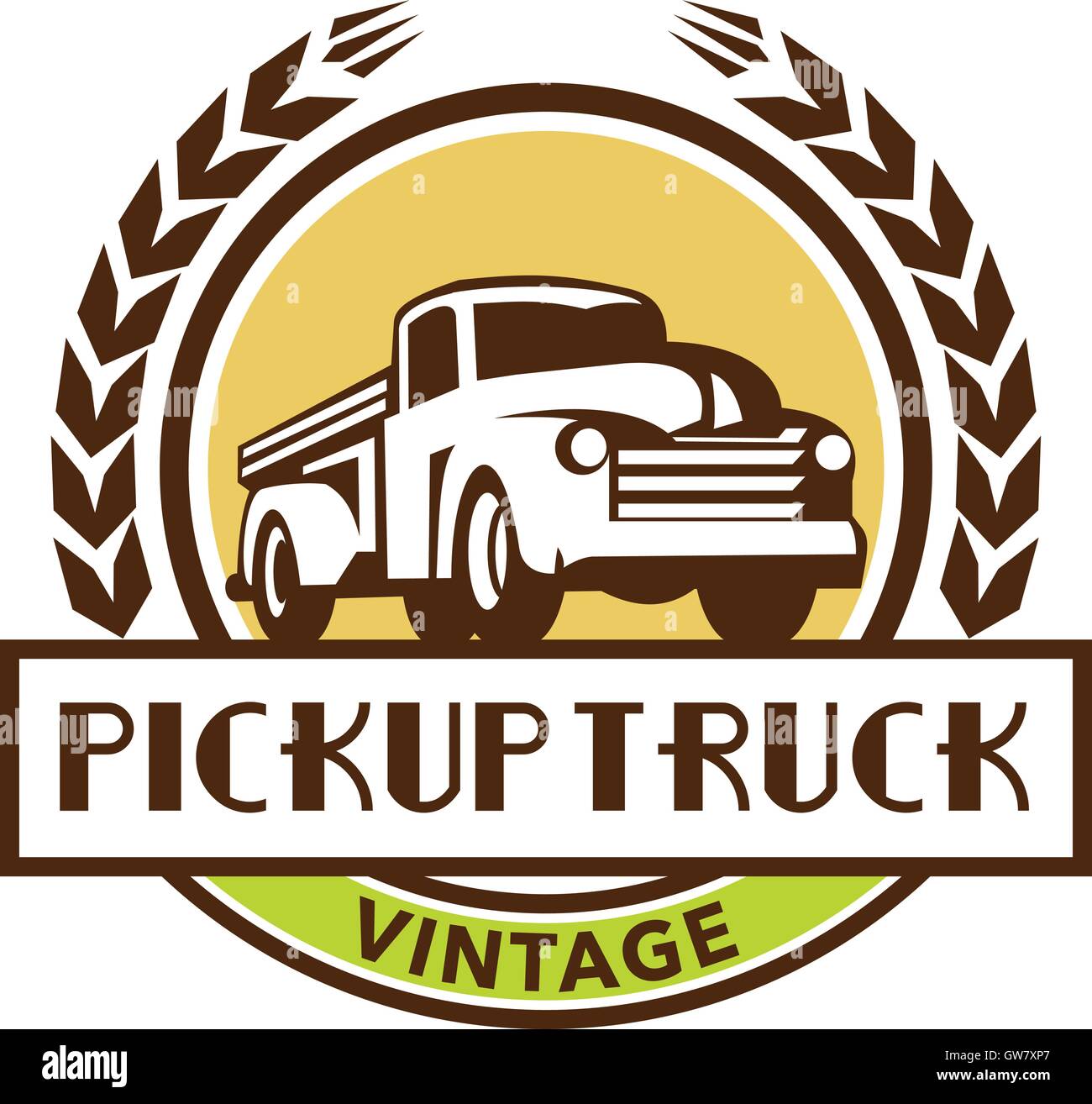Illustration of a vintage pick up truck set inside circle with stylized ...
