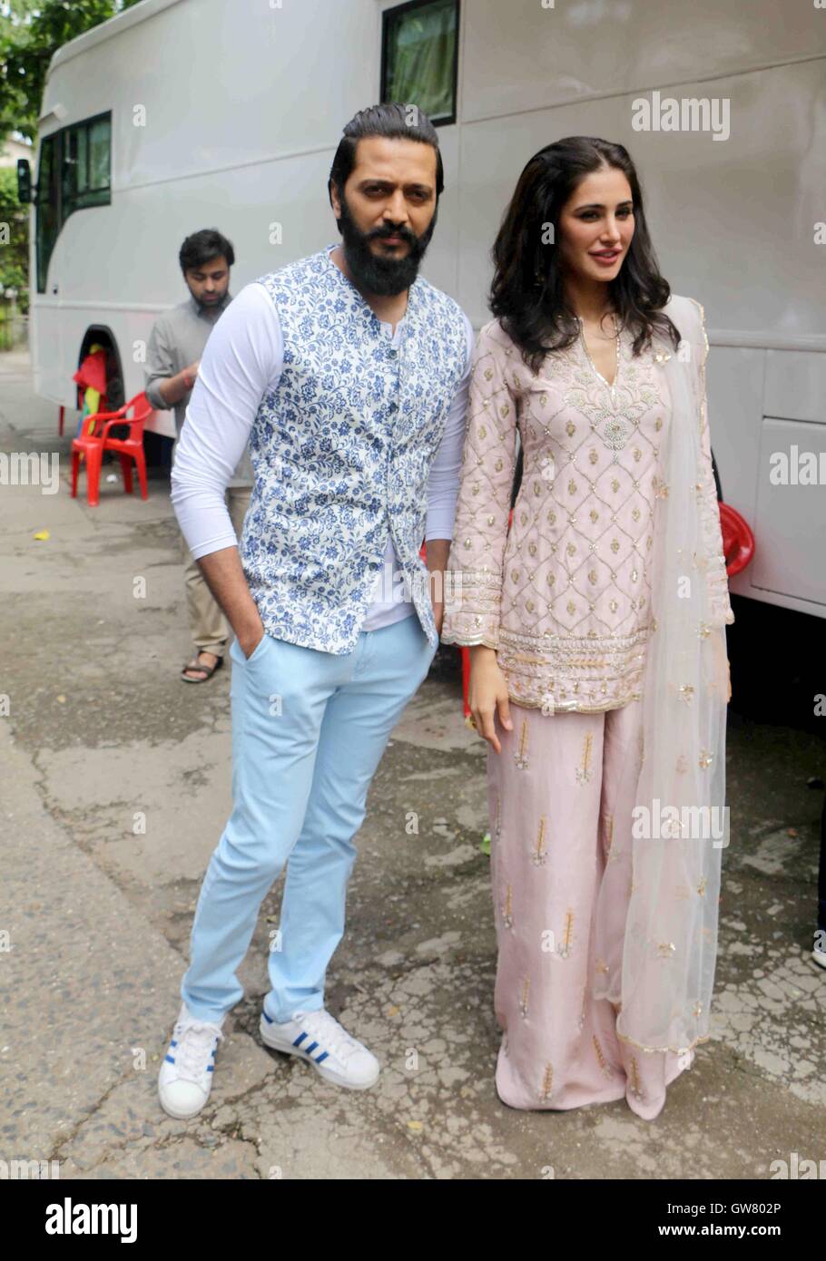 Bollywood actors Nargis Fakhri and Riteish Deshmukh during the promotion of film Banjo sets of ...
