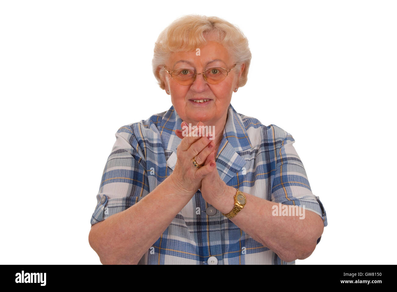 Female senior clapping her hands - isolated on white background Stock ...