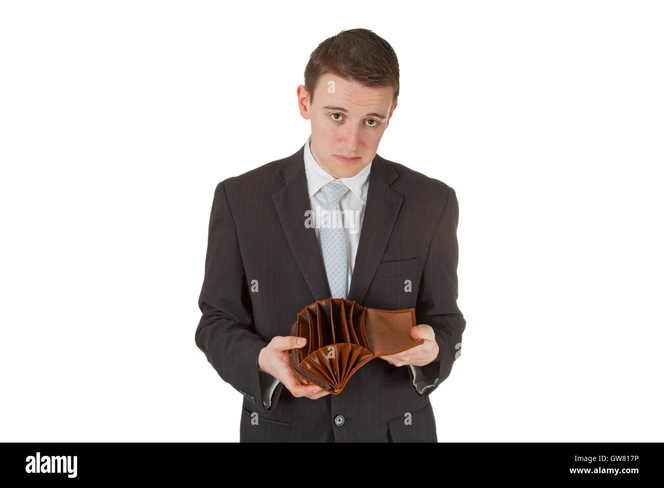 Man showing empty wallet isolated on white background Stock Photo - Alamy