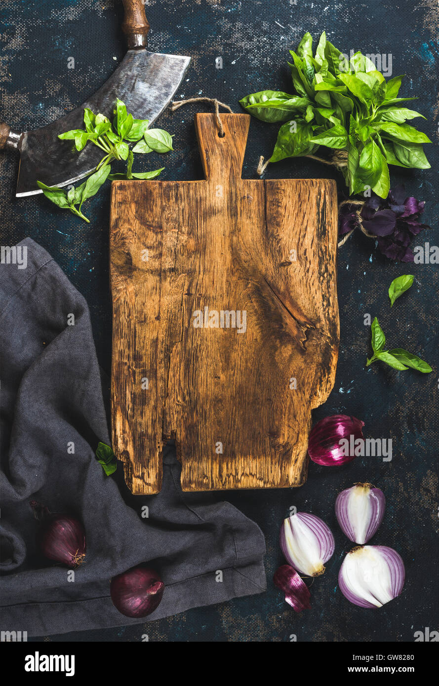 Healthy food cooking background over grunge dark blue plywood texture ...