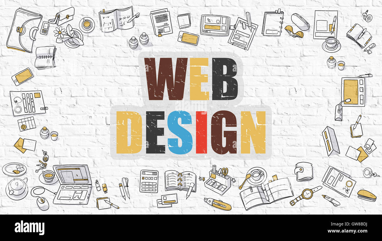 Multicolor Web Design on White Brickwall. Doodle Style Stock Photo - Alamy
