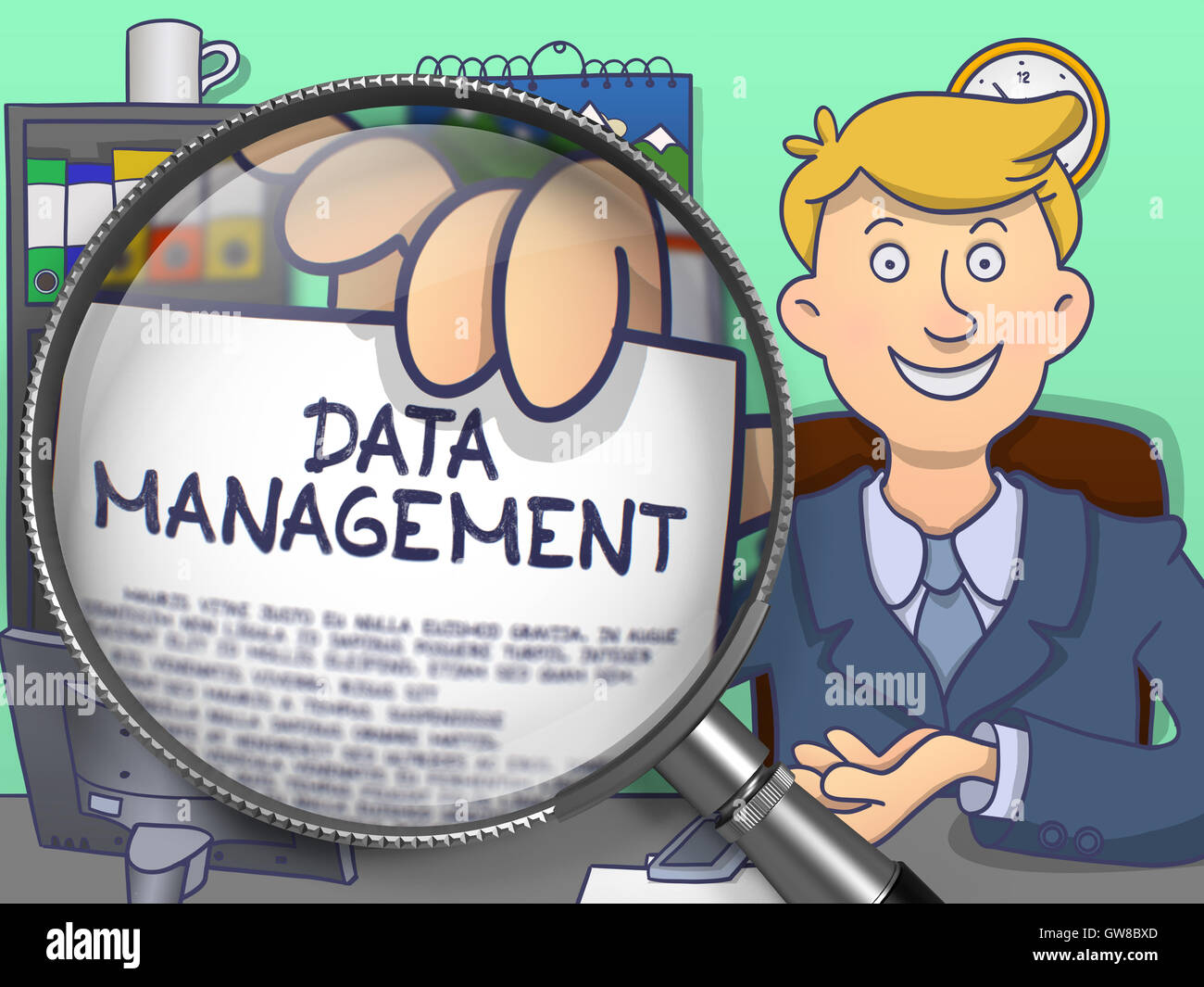 Data Management through Magnifying Glass. Doodle Style Stock Photo - Alamy
