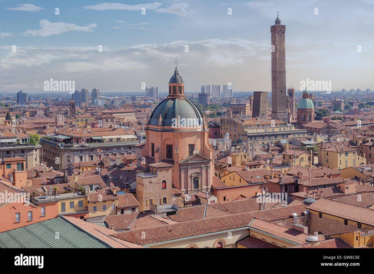 Aerial panoramic cityscape of Bologna, Italy, above rooftops of typical ...