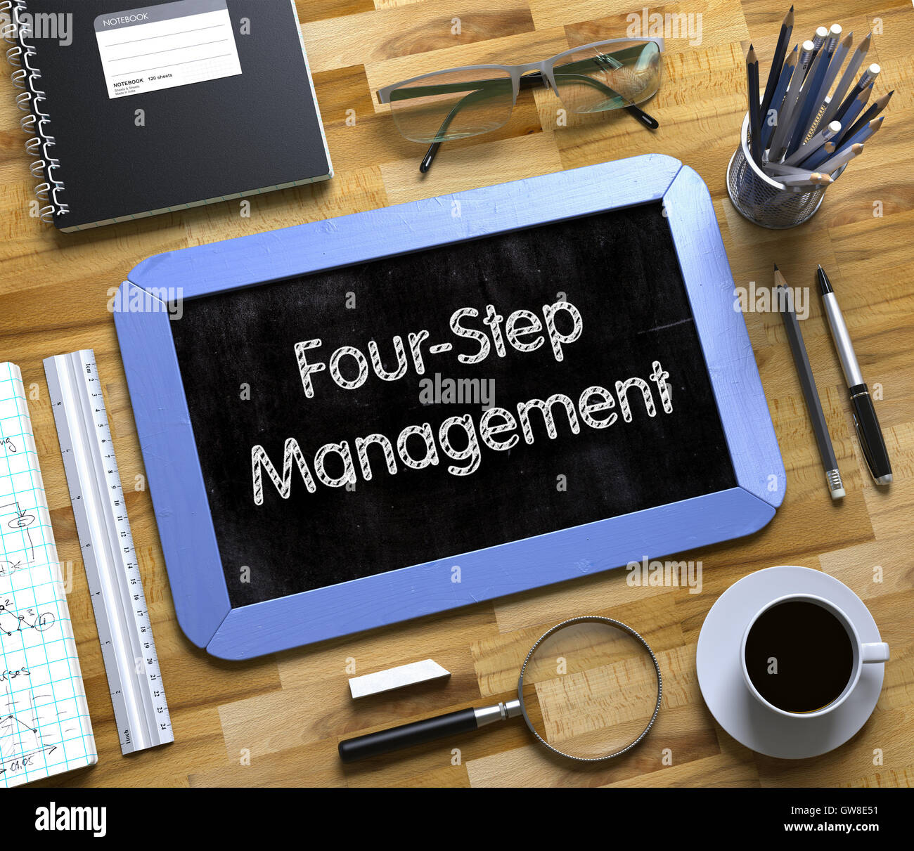 Four-Step Management - Text on Small Chalkboard. 3D Illustration Stock ...