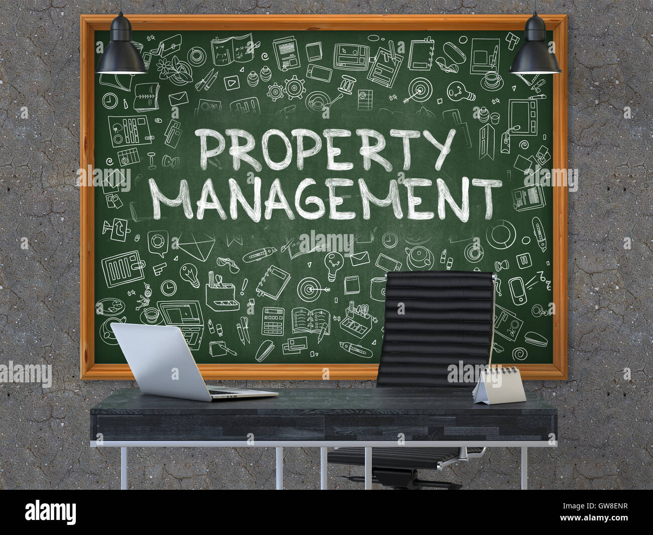 Property Management Concept. Doodle Icons on Chalkboard Stock Photo - Alamy