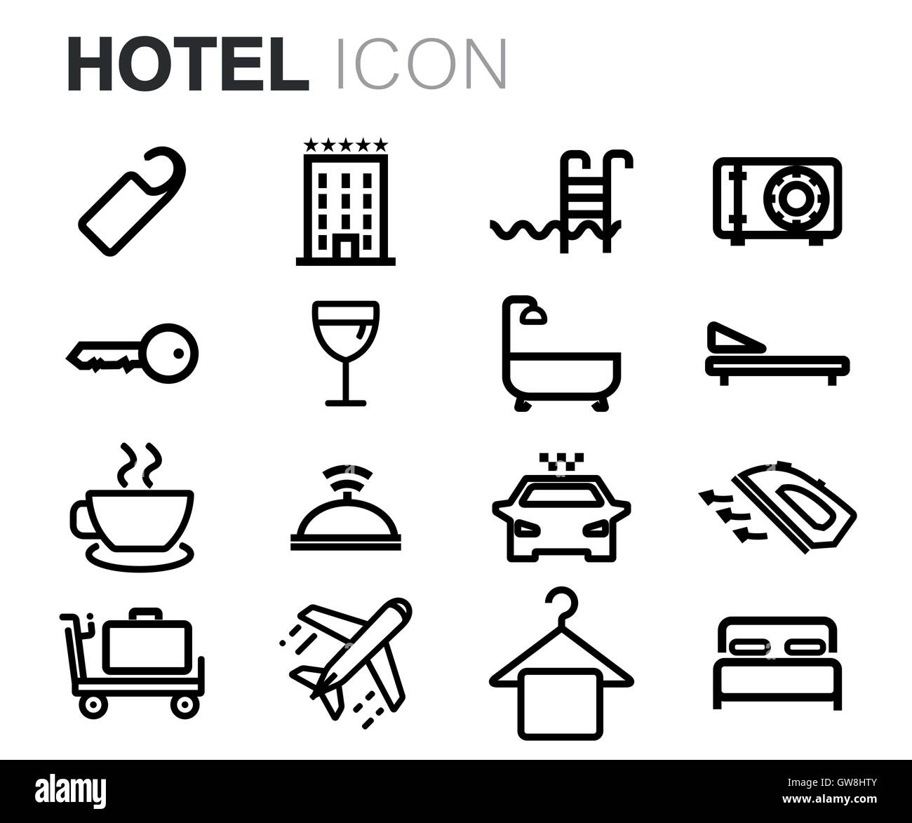 Vector black line hotel icons set on white background Stock Vector ...