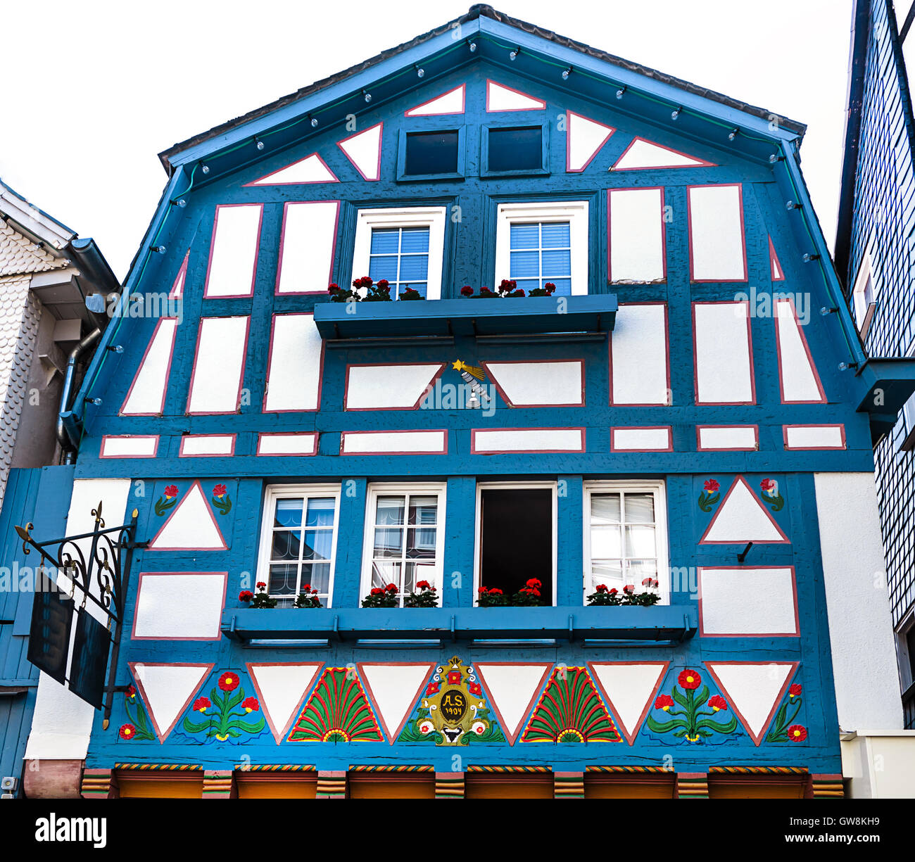 Blue and white picturesque German half-timbered house Stock Photo - Alamy