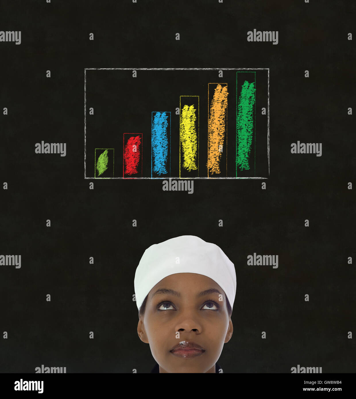 African woman chef with chalk bar graph on blackboard background Stock ...