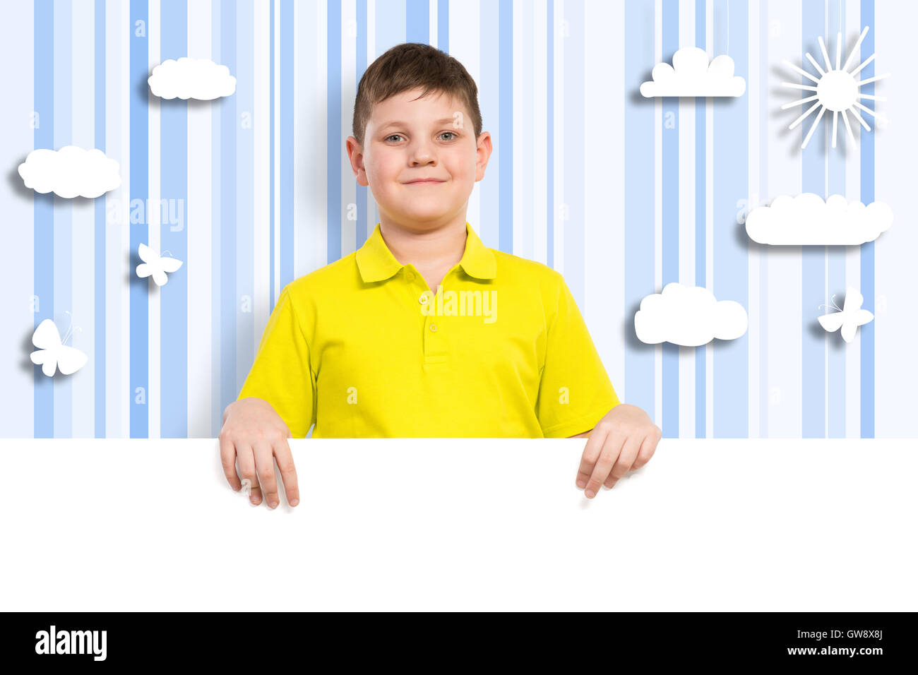 boy holding a white banner Stock Photo - Alamy